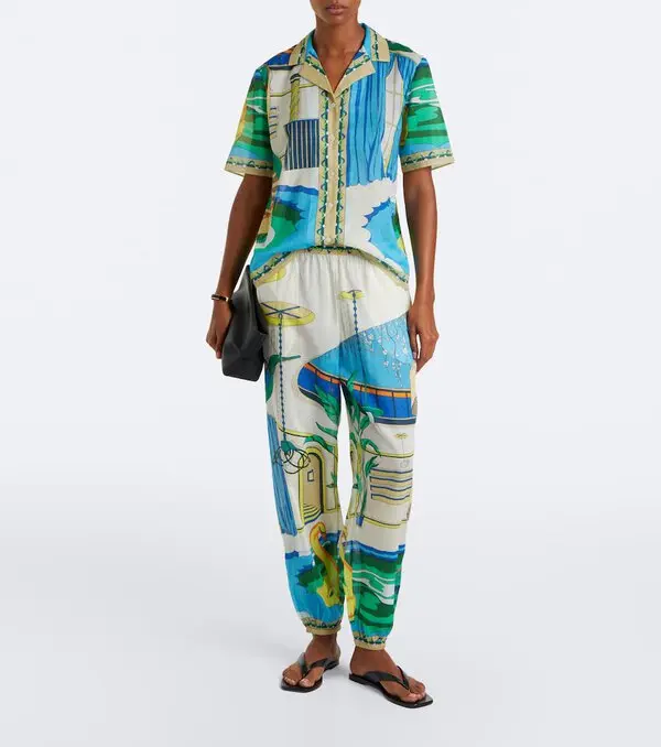 Tory Burch Printed Cotton Poplin Bowling Shirt - Blue
