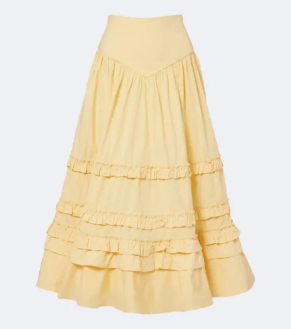 GANNI Cotton-blend Ruffled Shirred Tiered Midi Skirt - Yellow