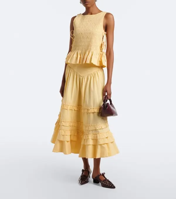 GANNI Cotton-blend Ruffled Shirred Tiered Midi Skirt - Yellow
