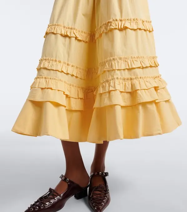 GANNI Cotton-blend Ruffled Shirred Tiered Midi Skirt - Yellow