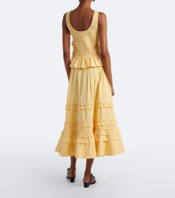 GANNI Cotton-blend Ruffled Shirred Tiered Midi Skirt - Yellow