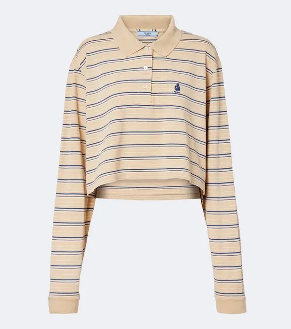 Prada Logo Striped Cotton Piqué Polo Shirt - Beige