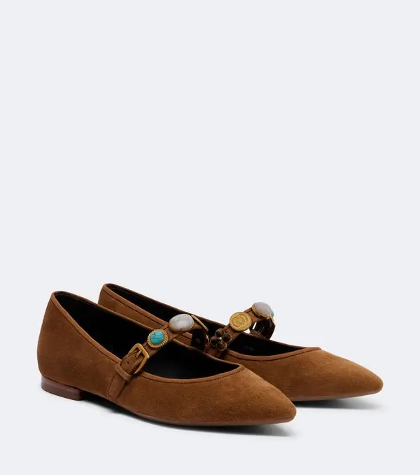 Veronica Beard Embellished Suede Mary Jane Flats - Brown