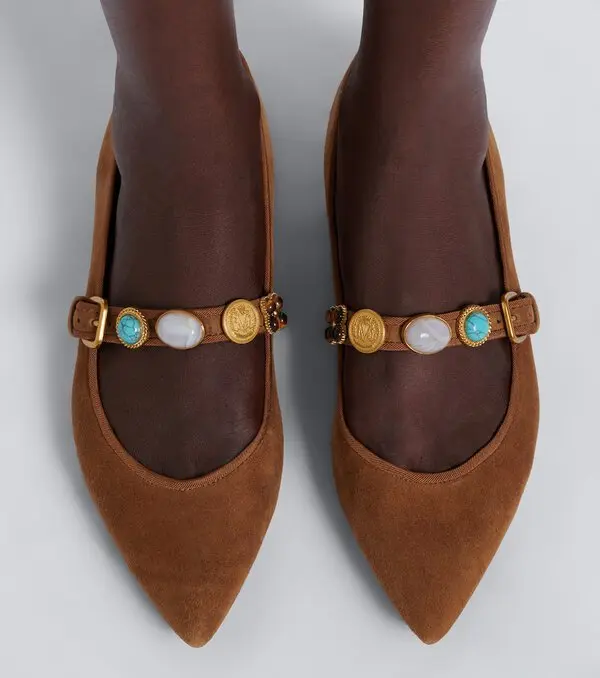 Veronica Beard Embellished Suede Mary Jane Flats - Brown