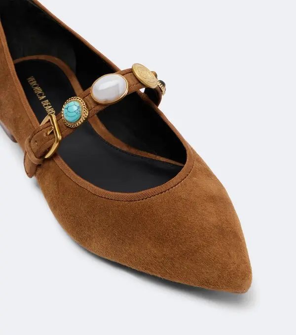 Veronica Beard Embellished Suede Mary Jane Flats - Brown