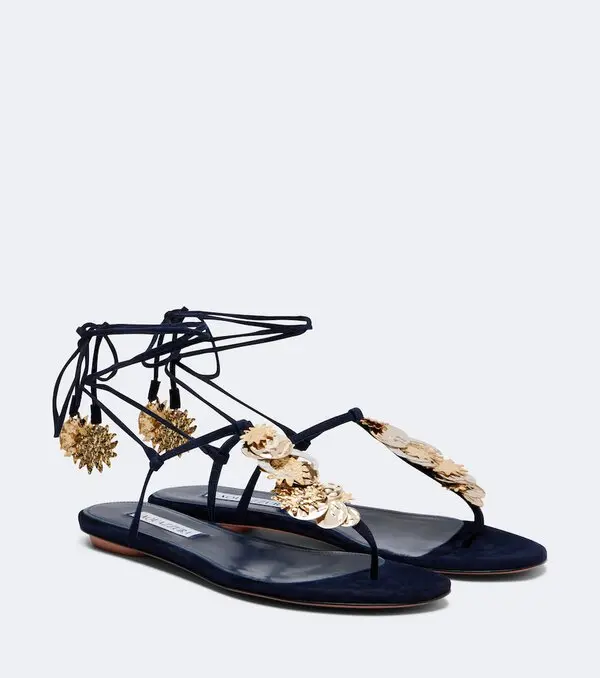 AQUAZZURA Night Stars Embellished Suede Thong Sandals - Blue