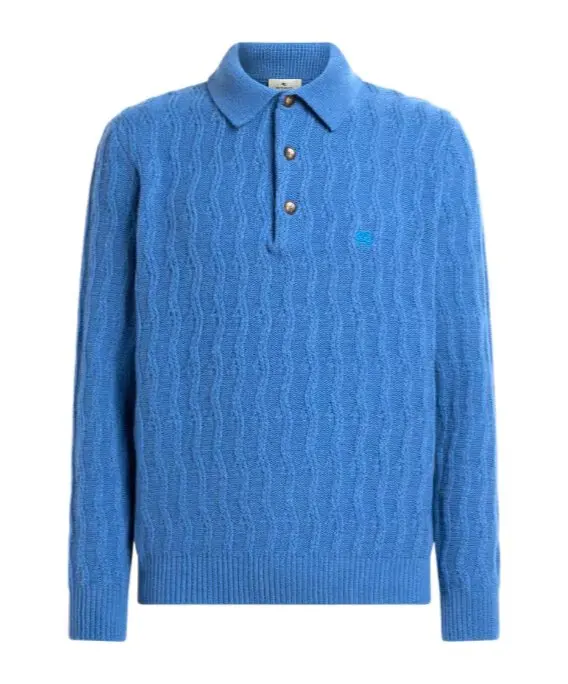Etro Polo-style Sweater In Cashmere With Wavy Motif - Light Blue