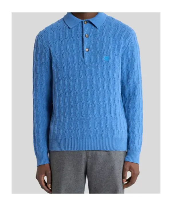 Etro Polo-style Sweater In Cashmere With Wavy Motif - Light Blue