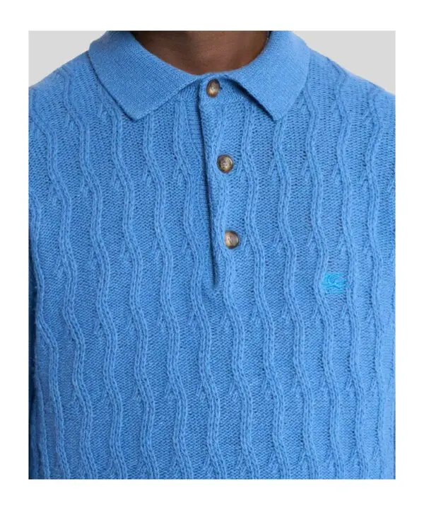 Etro Polo-style Sweater In Cashmere With Wavy Motif - Light Blue