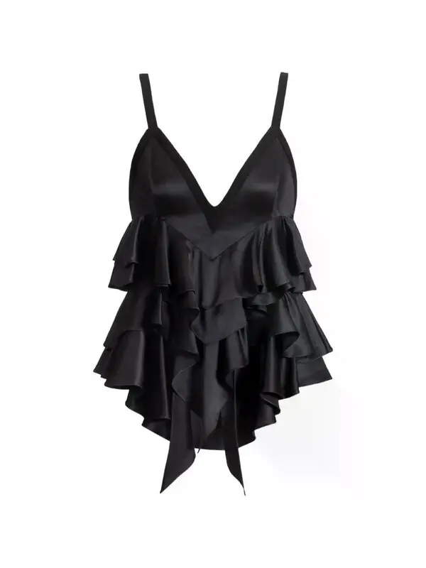 Balmain Satin Ruffled V-neck Evening Top