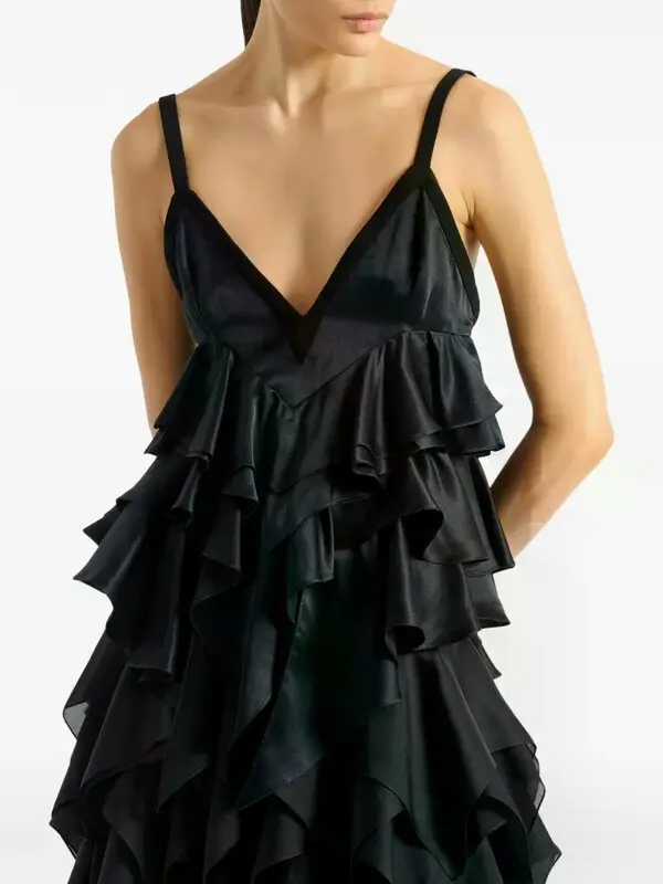 Balmain Satin Ruffled V-neck Evening Top