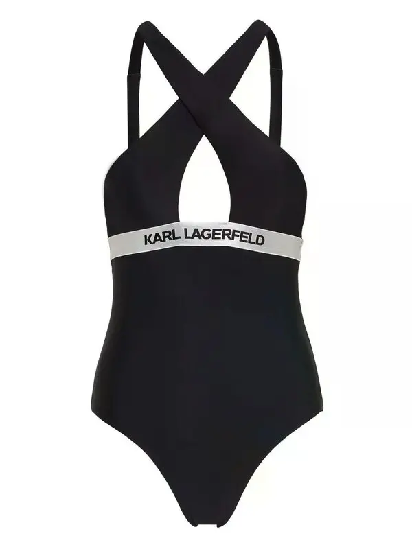 Karl Lagerfeld Halterneck One-piece Swimsuit With Logo Band - Black