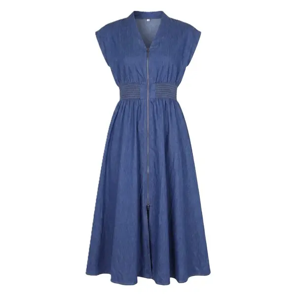 MODENAIRE Zip Front Midi Dress Smocked Waist - Blue