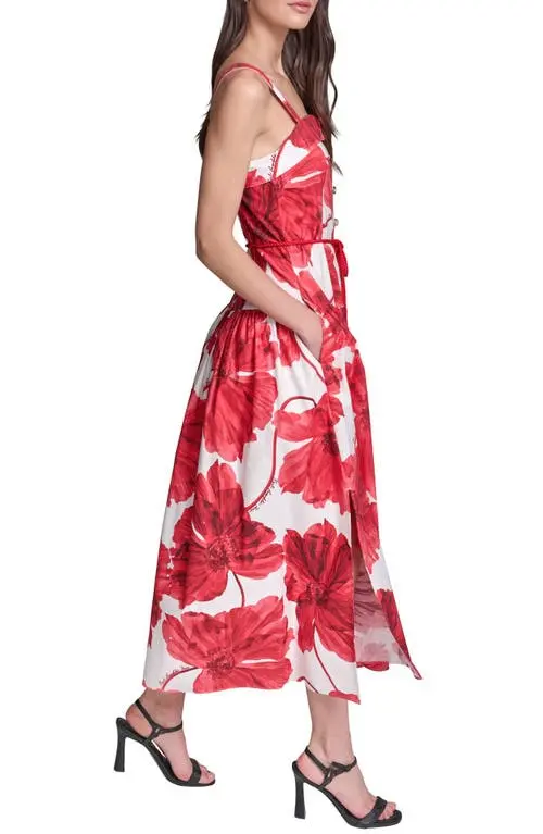 Karl Lagerfeld Paris Sleeveless Floral Print Midi Dress With Belt