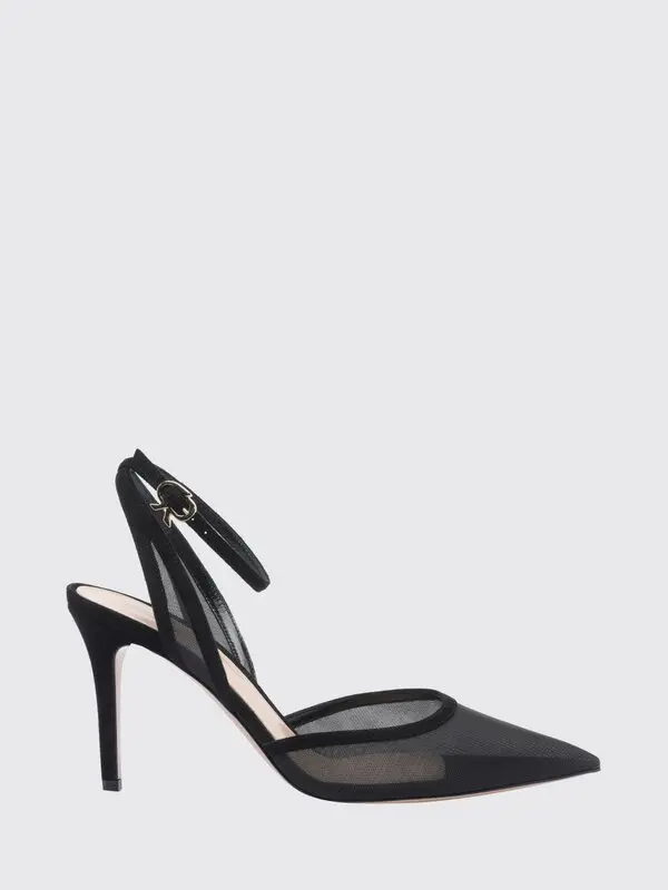 GIANVITO ROSSI Mesh And Suede Court Shoes With Ankle Strap And Ribbon Logo - Black