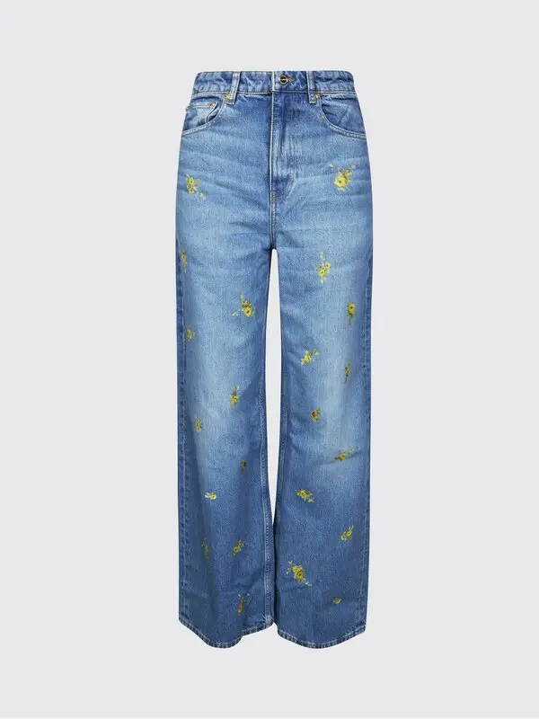 GANNI Wide Leg Jeans With Floral Embroidery - Beige