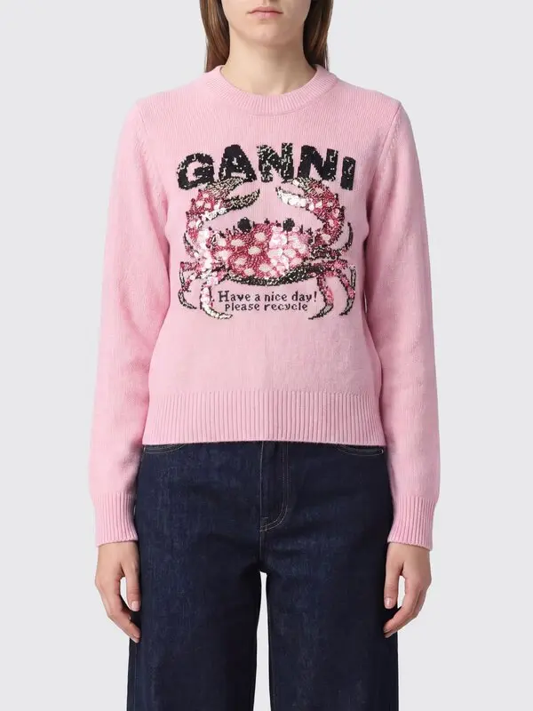 GANNI Recycled Wool-blend Crewneck Jumper With Graphic Print And Logo - Pink