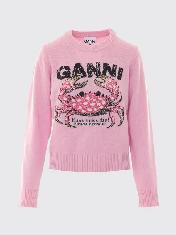 GANNI Recycled Wool-blend Crewneck Jumper With Graphic Print And Logo - Pink