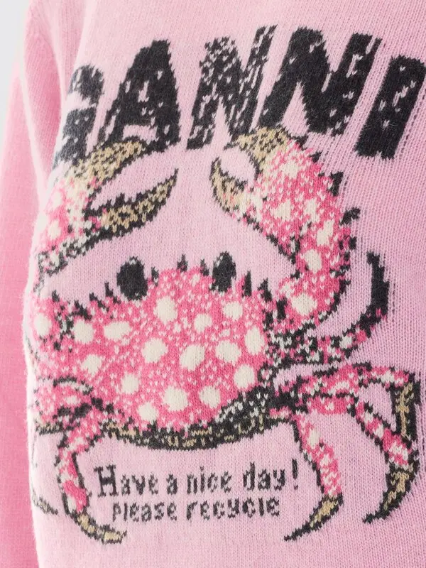 GANNI Recycled Wool-blend Crewneck Jumper With Graphic Print And Logo - Pink