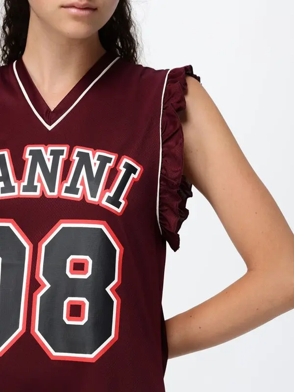 GANNI Sleeveless Cotton Mini Dress With Contrasting Logo And Flounces