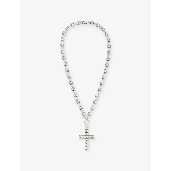 TWOJEYS Sterling -plated Brass Heavy Studded Cross Pendant Necklace - Silver