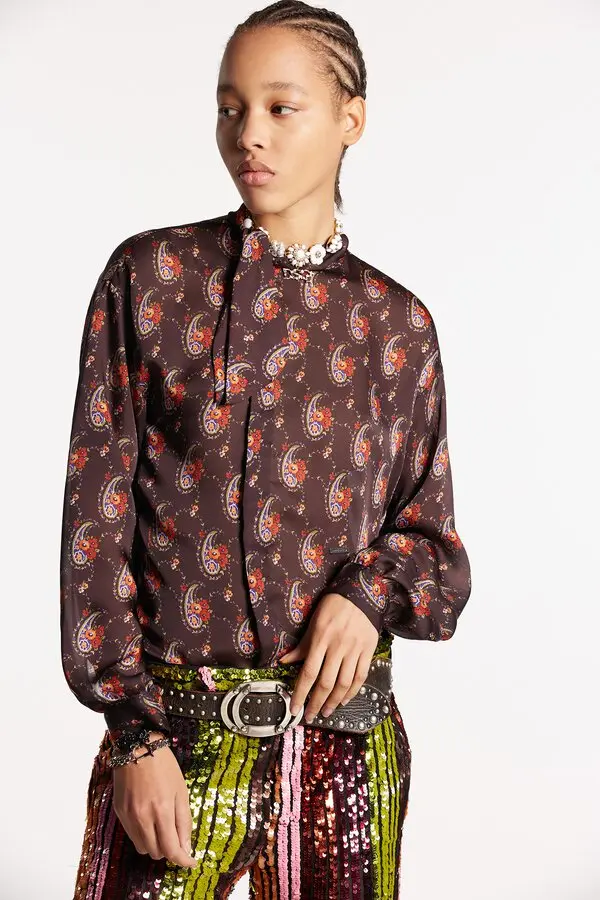 Dsquared2 Paisley Print Knotted Collar Shirt - Black