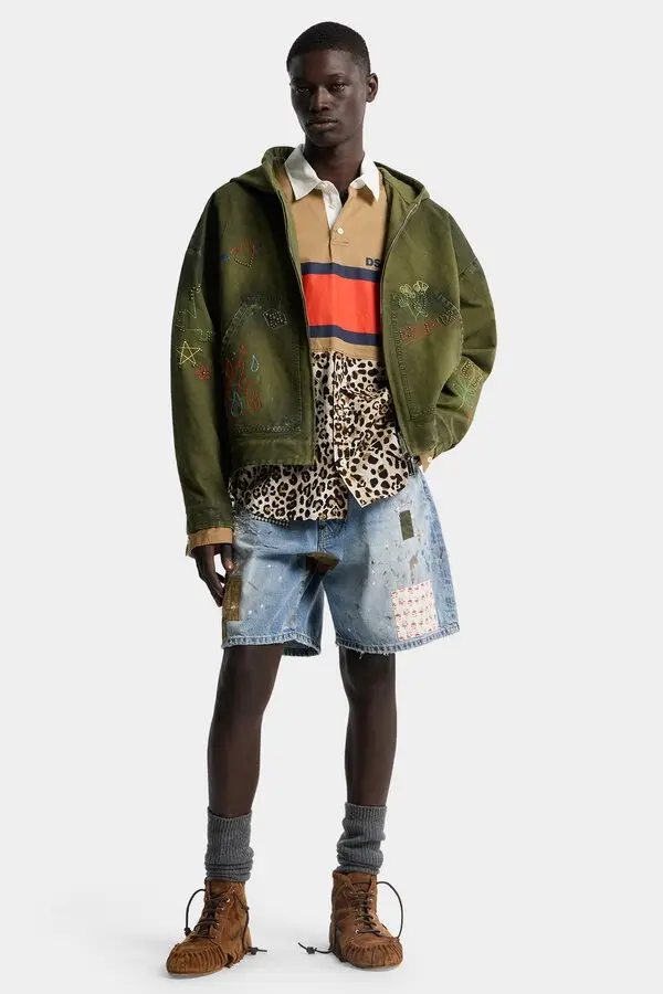 Dsquared2 Medium Wash Denim Boxer Shorts With Patchwork And Distressing