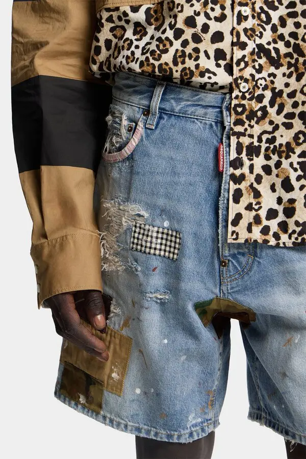 Dsquared2 Medium Wash Denim Boxer Shorts With Patchwork And Distressing