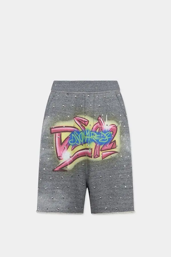 Dsquared2 Rebel Graffiti Studded Shorts - Grey
