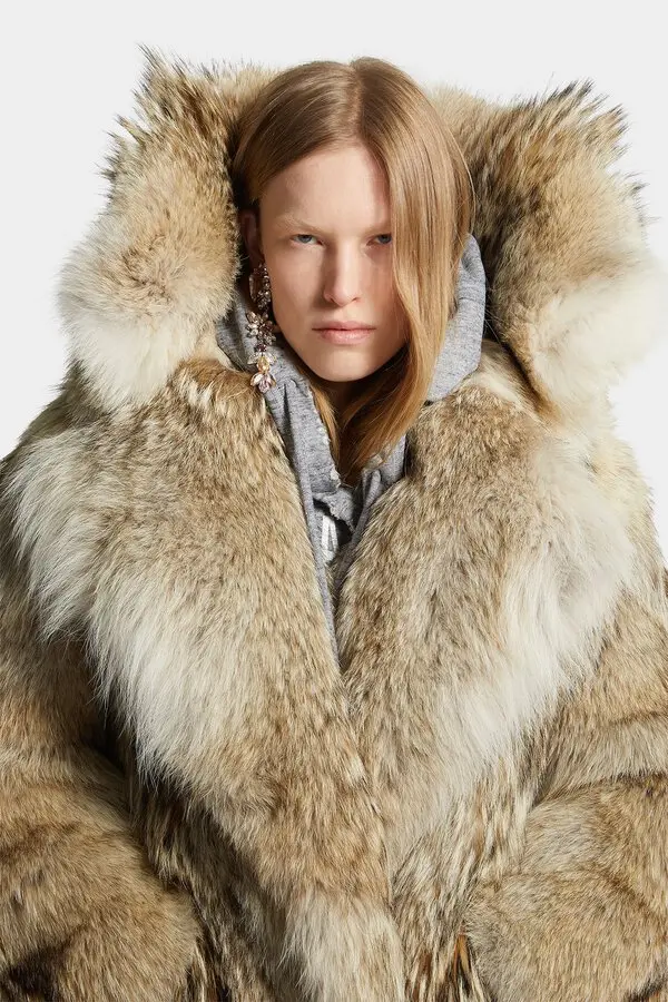 Dsquared2 Archive Coyote Faux Fur Longline Coat With Maxi Lapels