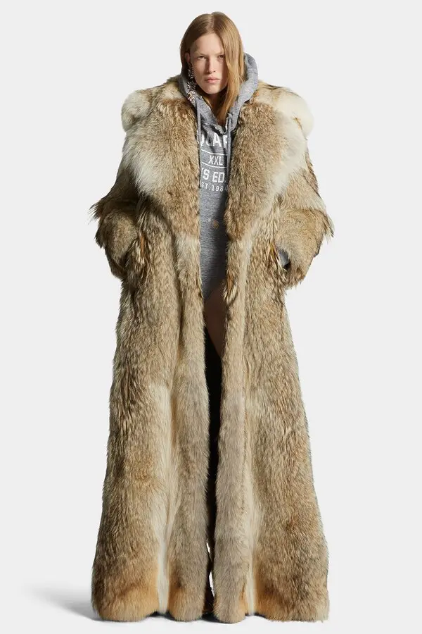 Dsquared2 Archive Coyote Faux Fur Longline Coat With Maxi Lapels