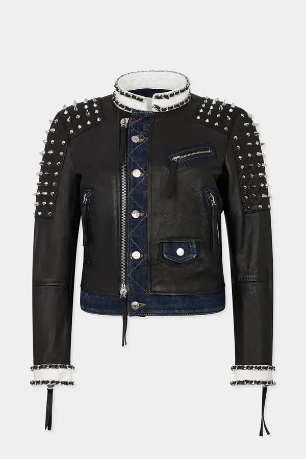 Dsquared2 Chic Rebel Studded Leather And Denim Biker Jacket - Black