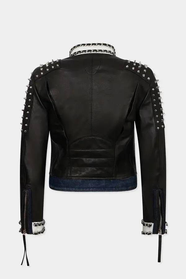 Dsquared2 Chic Rebel Studded Leather And Denim Biker Jacket