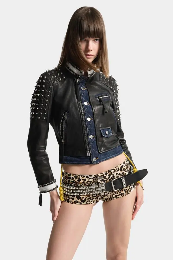 Dsquared2 Chic Rebel Studded Leather And Denim Biker Jacket