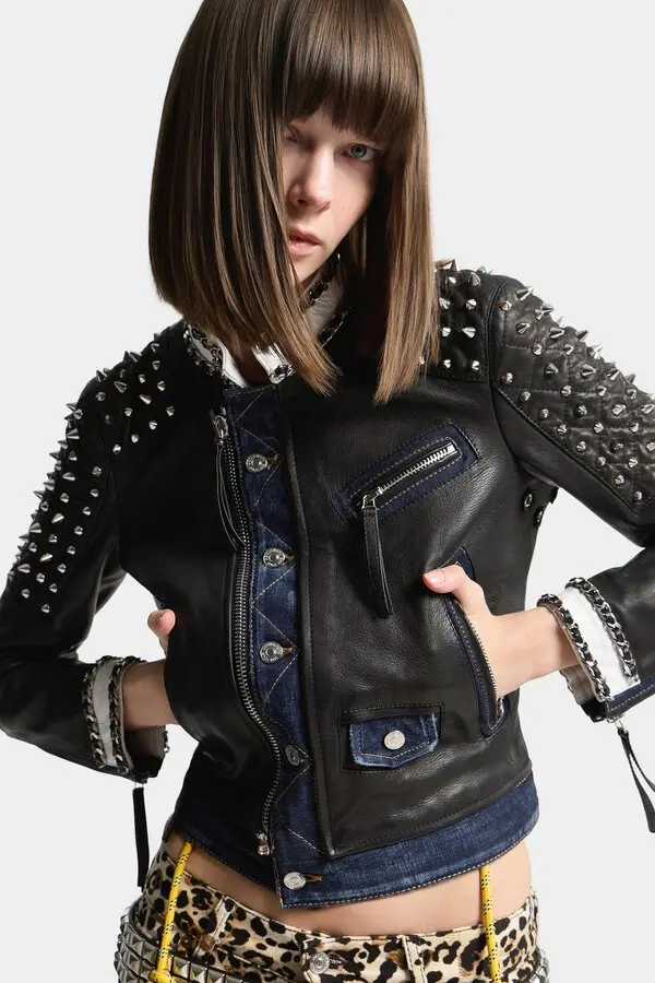 Dsquared2 Chic Rebel Studded Leather And Denim Biker Jacket