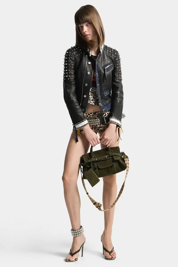 Dsquared2 Chic Rebel Studded Leather And Denim Biker Jacket