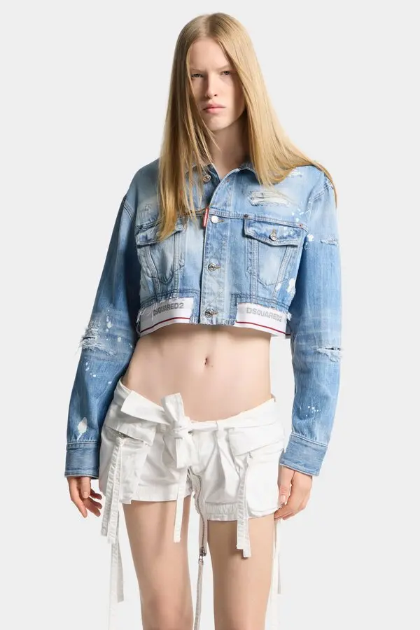 Dsquared2 Cropped Distressed Denim Jacket With Elasticated Logo Waistband