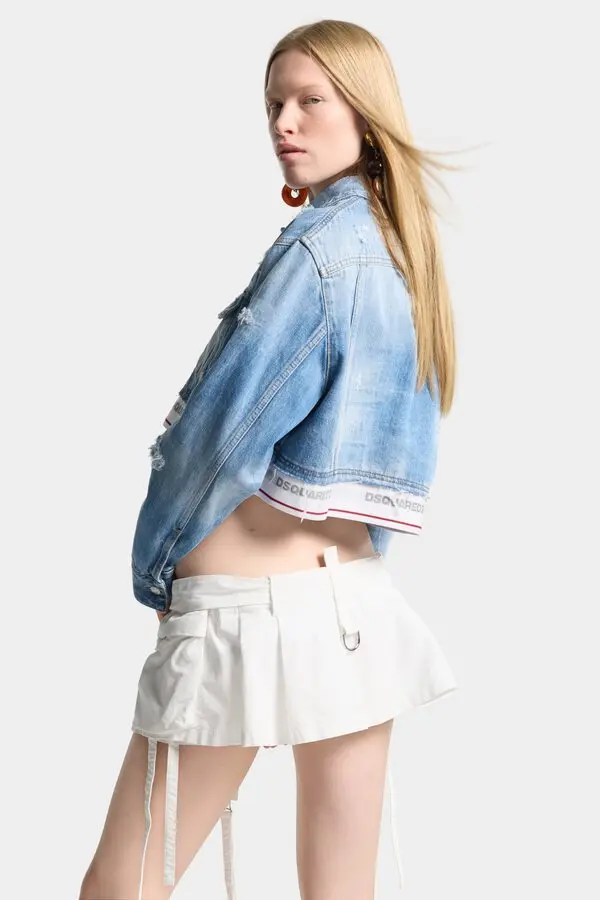 Dsquared2 Cropped Distressed Denim Jacket With Elasticated Logo Waistband