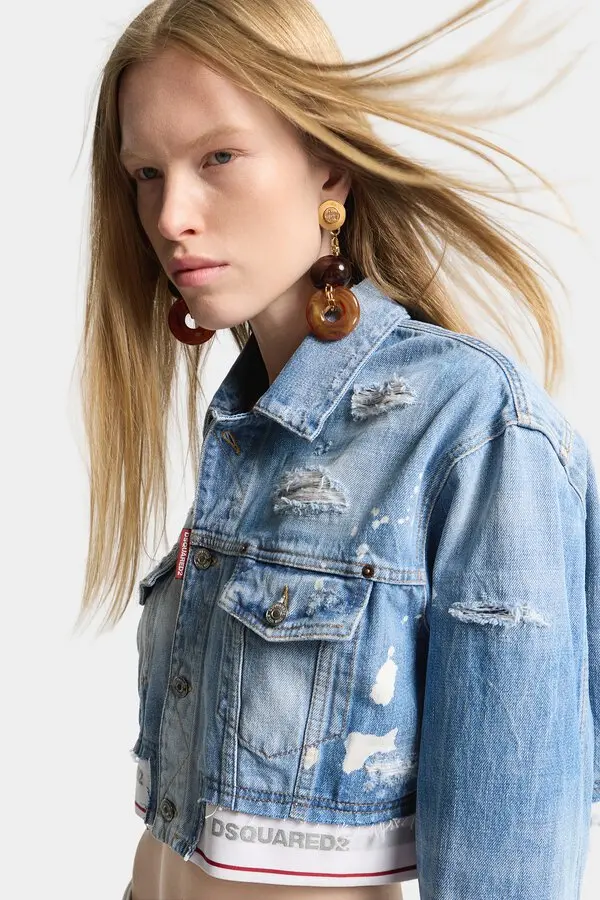 Dsquared2 Cropped Distressed Denim Jacket With Elasticated Logo Waistband