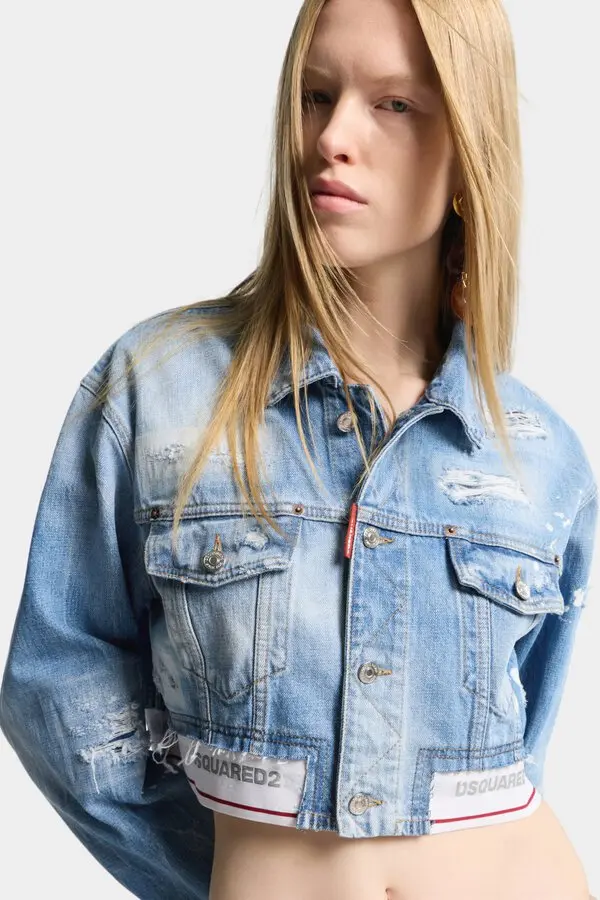 Dsquared2 Cropped Distressed Denim Jacket With Elasticated Logo Waistband
