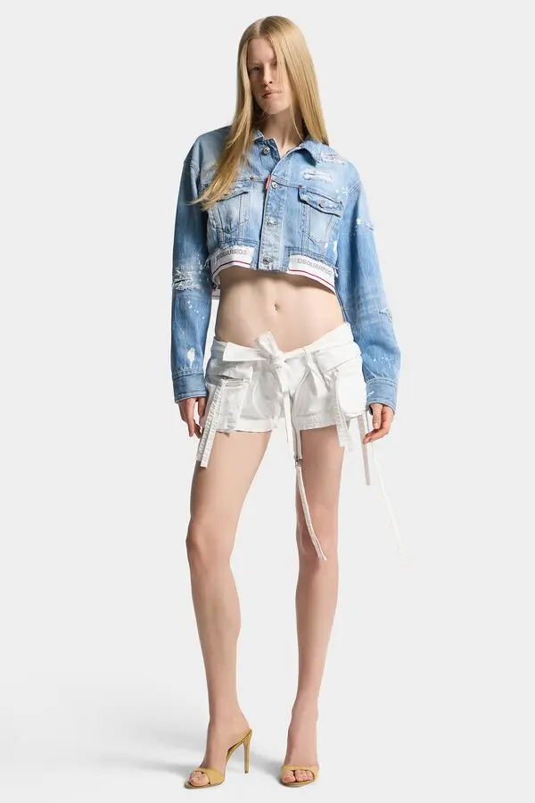 Dsquared2 Cropped Distressed Denim Jacket With Elasticated Logo Waistband