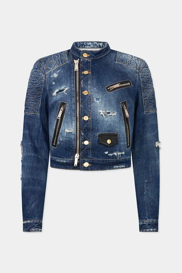 Dsquared2 Distressed Denim Biker Jacket - Blue