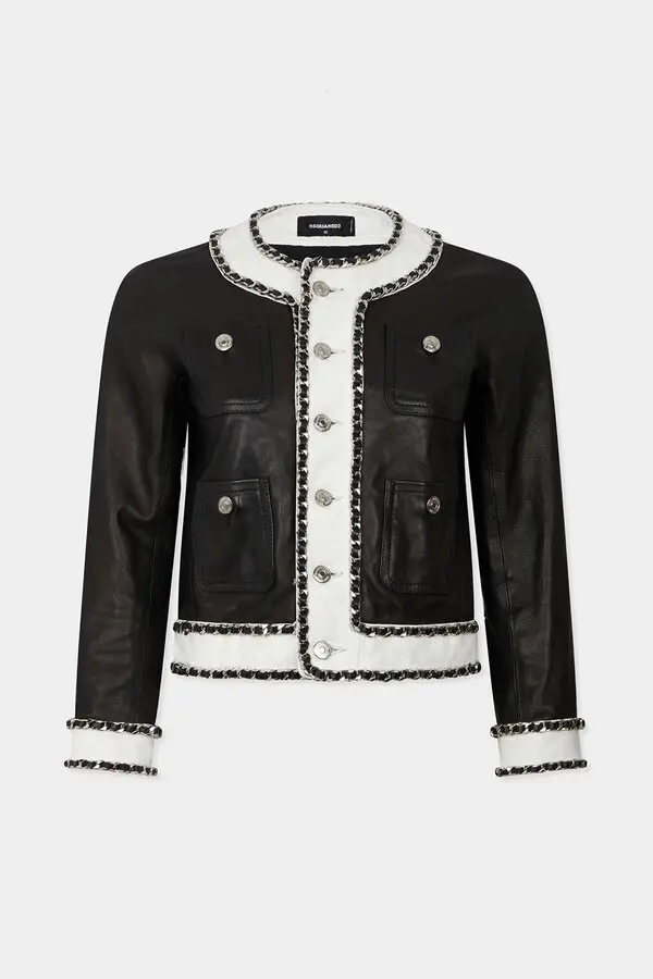 Dsquared2 Leather Jacket With Contrasting Cuffs And Woven Edging - Black