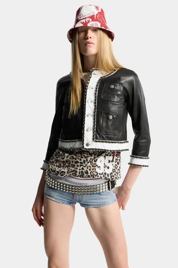 Dsquared2 Leather Jacket With Contrasting Cuffs And Woven Edging
