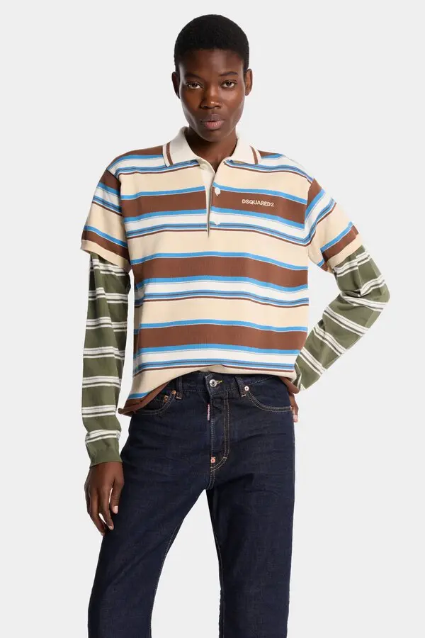 Dsquared2 Striped Long Sleeve Knit Polo - Grey