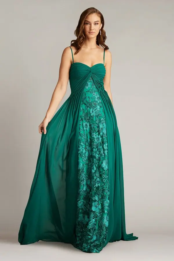 Tadashi Shoji Monte Chiffon Overlay Embroidered Gown - Emerald