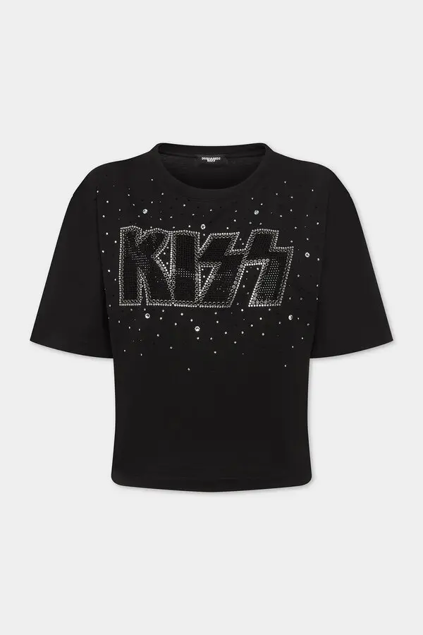 Dsquared2 Kiss X Pressato Cropped T-shirt With Rhinestone Embellishments