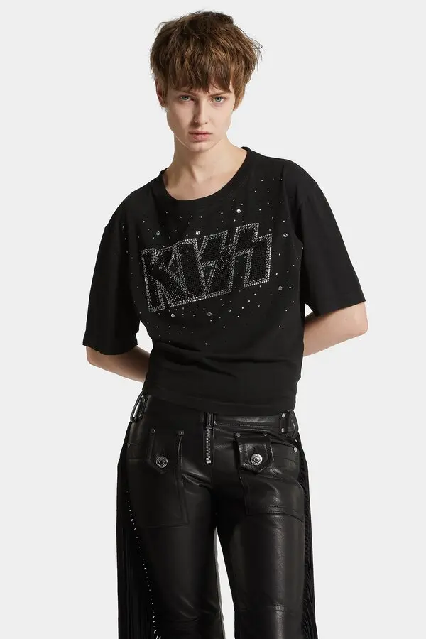 Dsquared2 Kiss X Pressato Cropped T-shirt With Rhinestone Embellishments