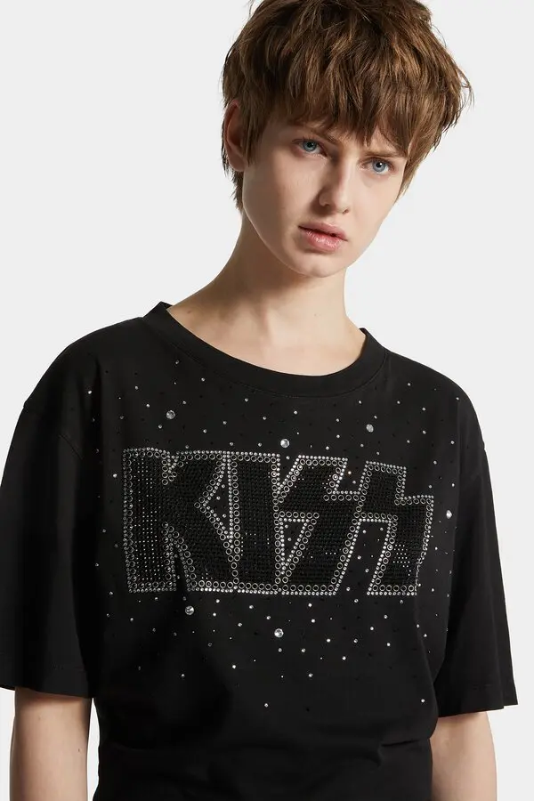 Dsquared2 Kiss X Pressato Cropped T-shirt With Rhinestone Embellishments
