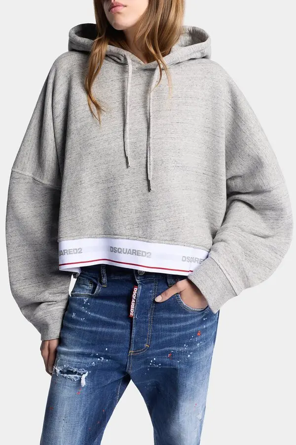 Dsquared2 Cropped Cotton Fleece Hoodie With Logo Band